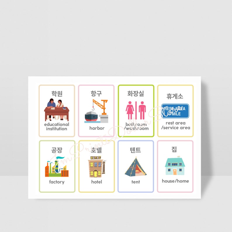 Hangul Printable Korean Flash Cards Places Learning - Etsy