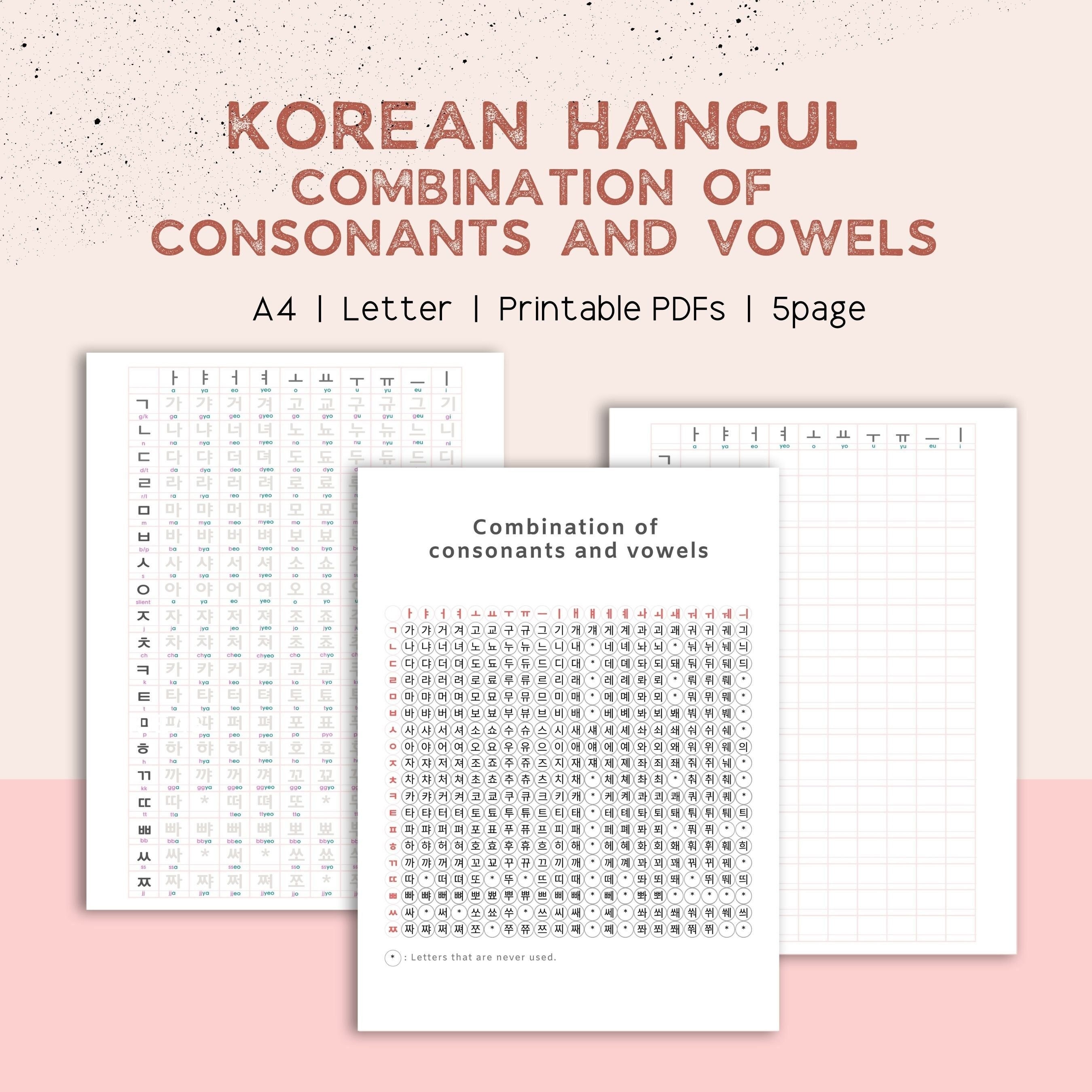 Korean Alphabet | Hangul | Printable | Combination of Consonants and ...
