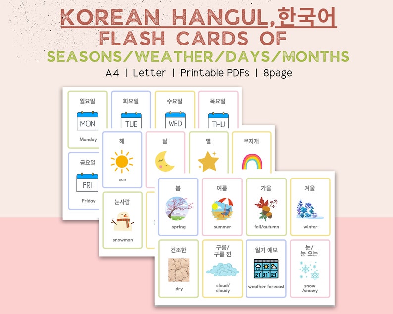 Korean Alphabet | Hangul | Printable | Korean Flash Cards | Seasons and ...