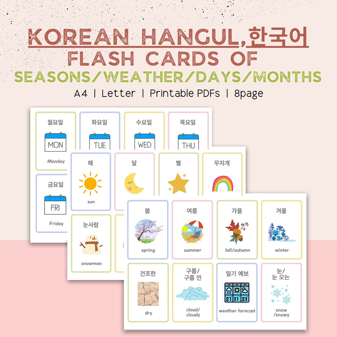 Korean Alphabet Hangul Printable Korean Flash Cards - Etsy Canada