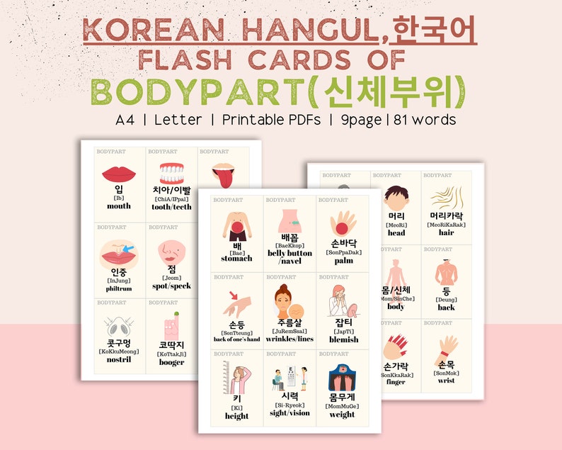 Korean Alphabet | Hangul | Printable | Korean Flash Cards | Body Part ...