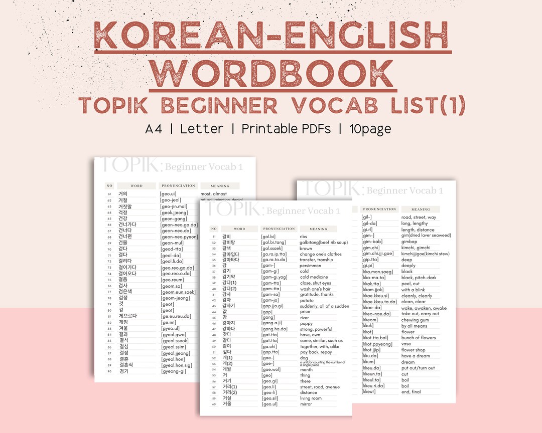 Topik Beginner Vocab 1 | Korean Wordbook | Printable | Include Phonetic ...