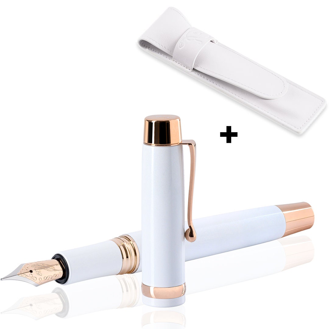 Handmade 'royal Lady Roxi' Fountain Pen, White & Gold, With Leather ...