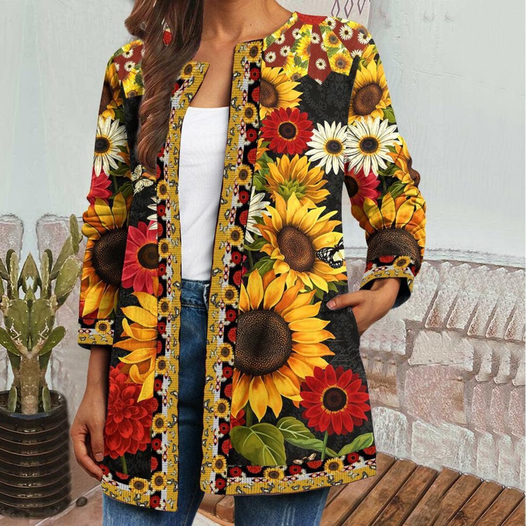 Sunflower Patchwork Plus Size Jacket Long Sleeves Jacket - Etsy