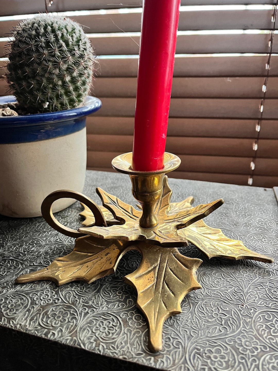 Vintage Solid Brass Candle Holder Collectible Candle Tap Oak Gold Candle Holder Leaf Boho ...