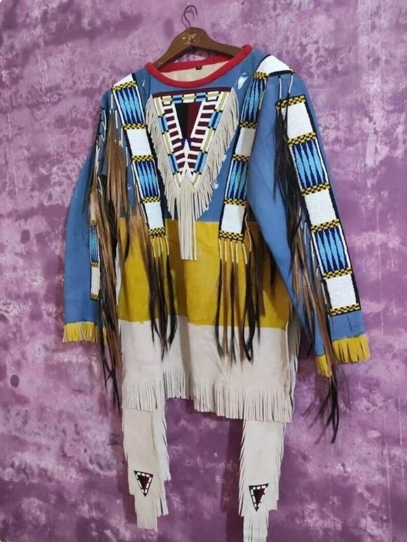 Men Native American Western Style Warrior Scalp Suede Leather Shirt ...