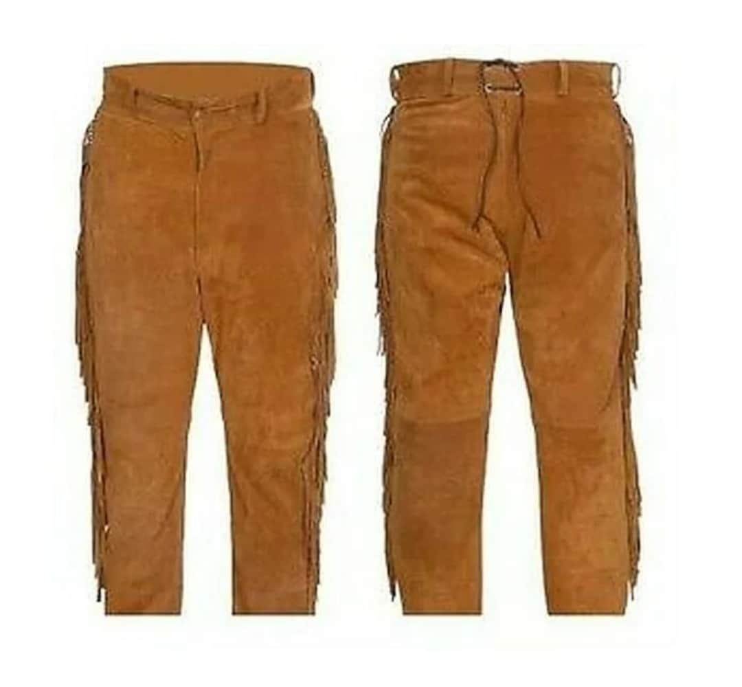 Men Native American Western Cowboy Leather Pants Full Leg Fringe Suede ...