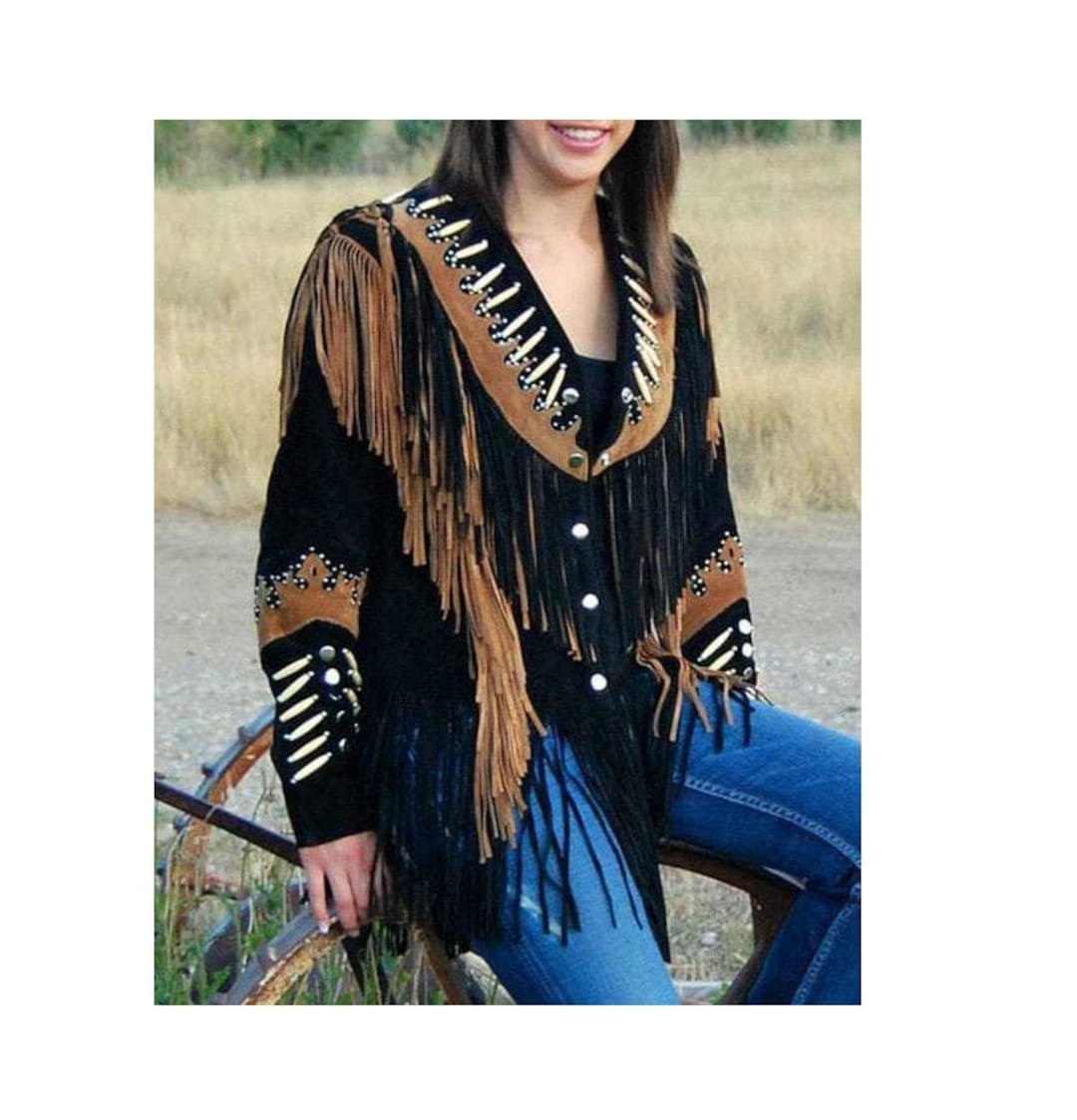 Women Native American Western Cowboy Leather Jacket Suede Contrast ...