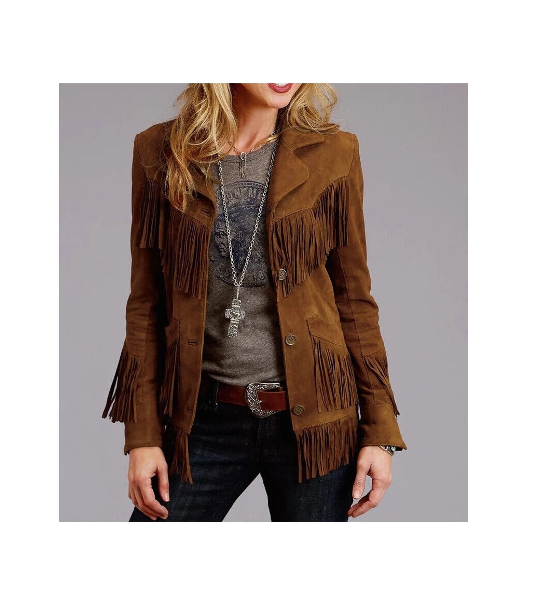 Women Suede Leather Western Style Jacket With Fringe - Brown Suede SWJ ...