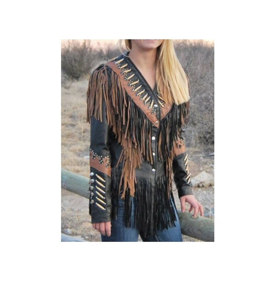 Women Native American Western Cowboy Real Leather Jacket Contrast ...