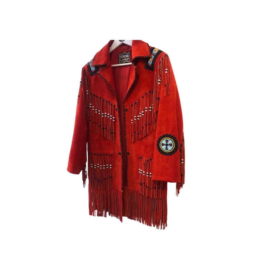 Women Red Suede Leather American Native Western Style Jacket Fringed ...