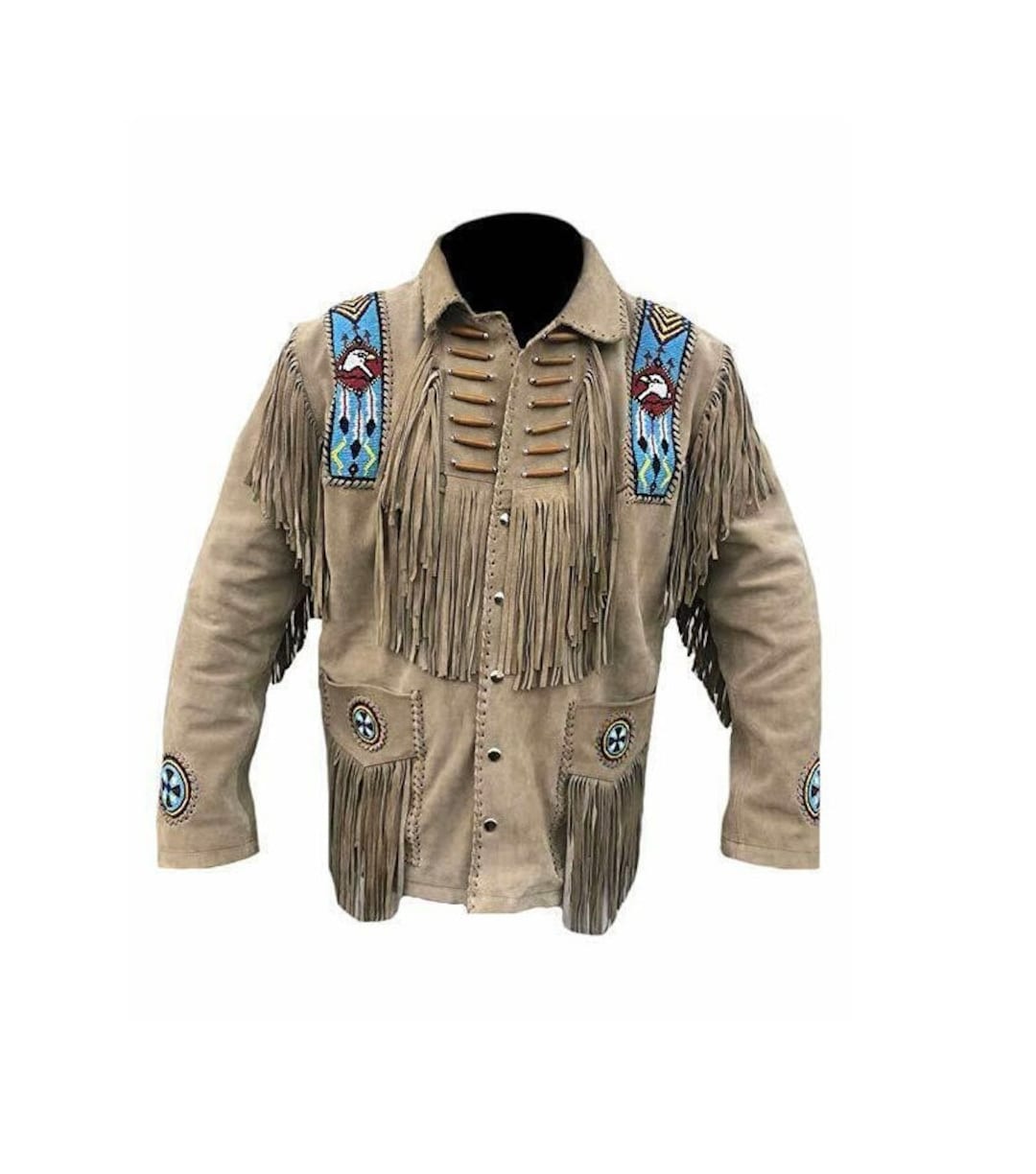 Men Native American Western Cowboy Leather Jacket Suede Fringe & Beaded ...