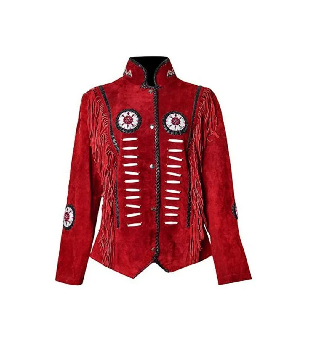 Women Red Suede Leather American Native Western Style Jacket Fringed ...