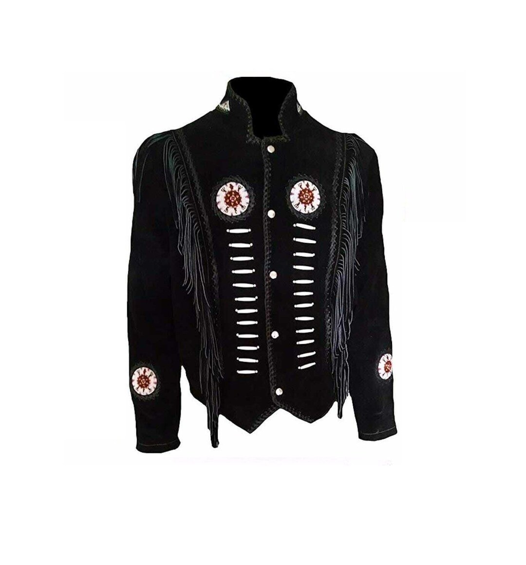 Men Native America Cultural Western Cowboy Suede Leather Jacket Fringe ...