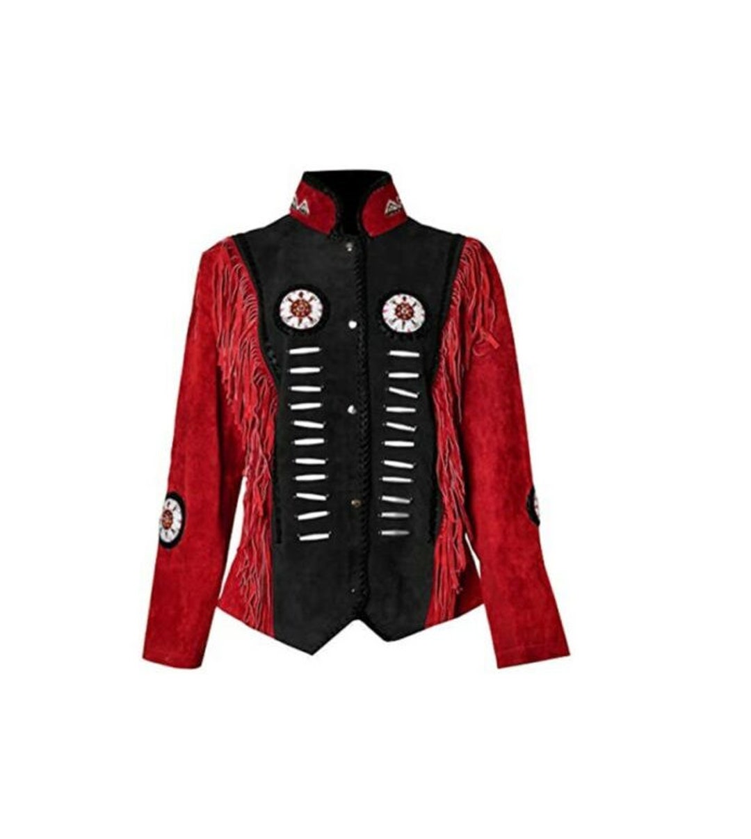Women Suede Leather American Native Style Jacket Fringed & Beaded (red ...