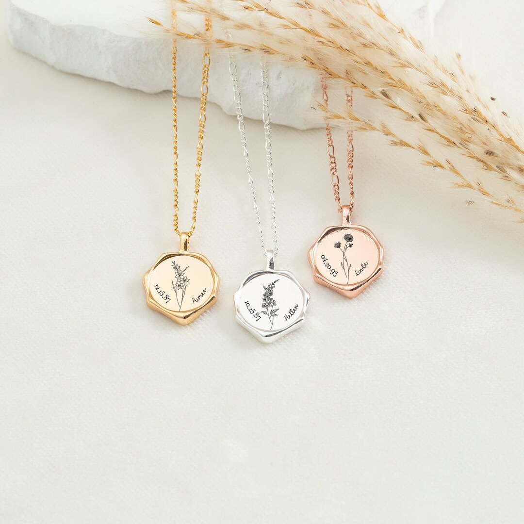 Birth Flower Necklace With Name and Date, Personalized Birth Flower ...