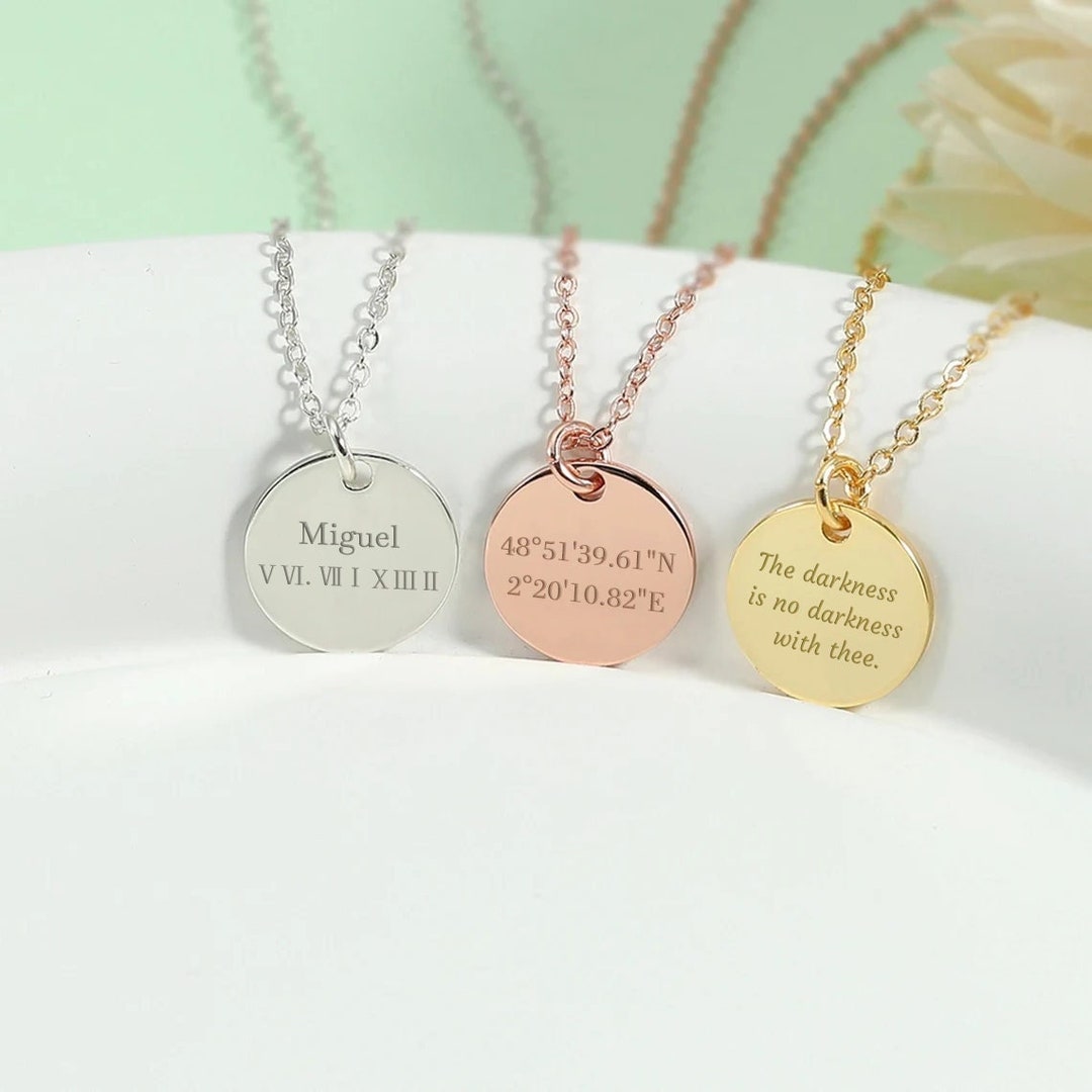 Personalized Engraved Necklace, Custom Engraving Coin Pendant, Engraved ...