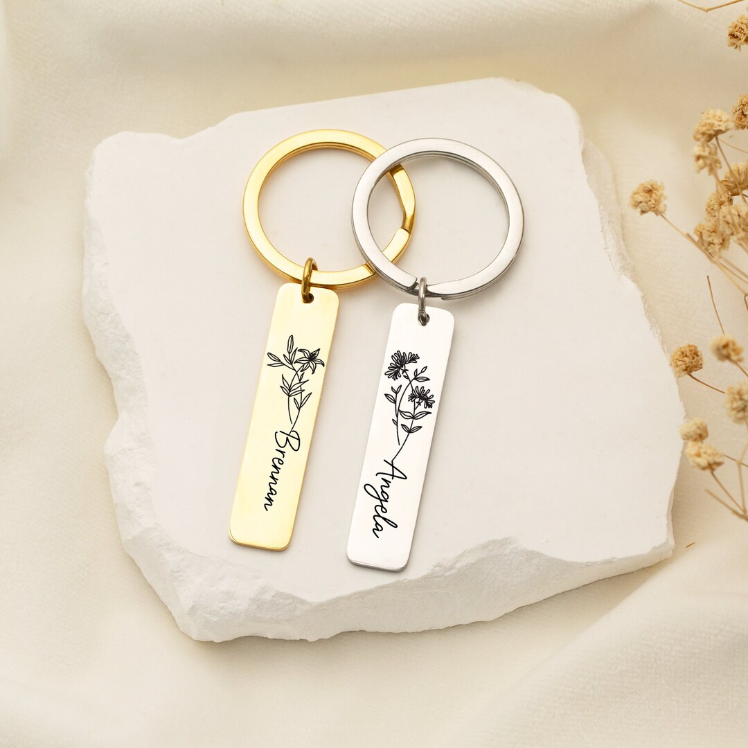 Birth Flower Keychain With Name,birth Month Flower Metal Keychain ...