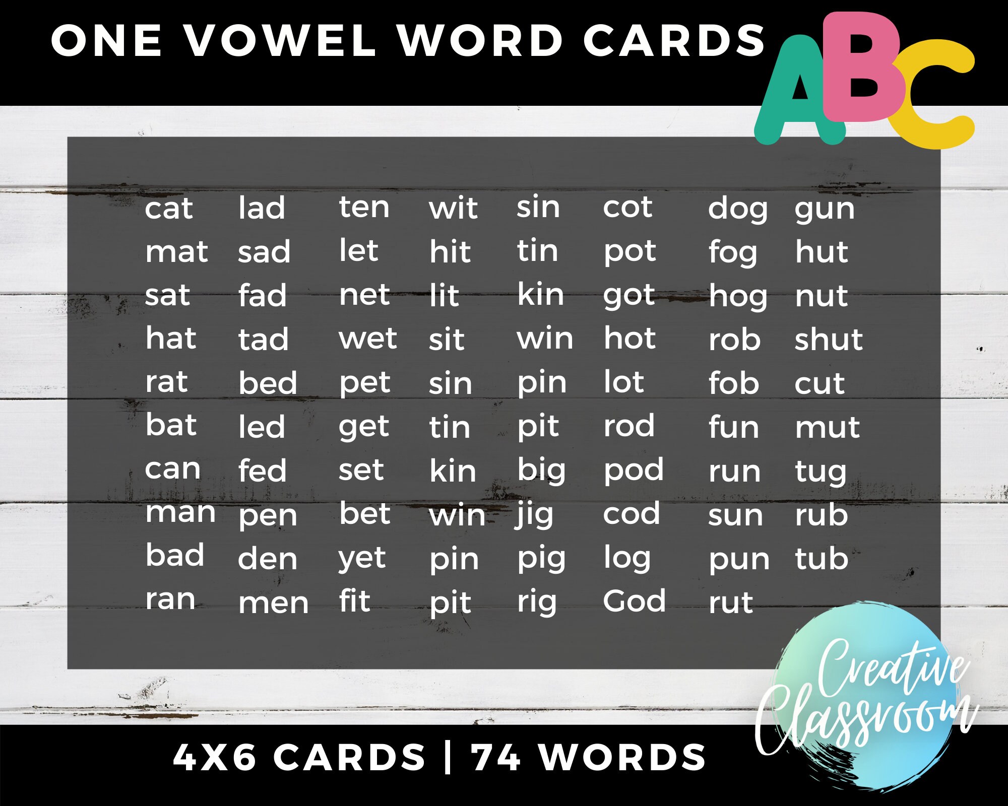 One Vowel Word Cards, Reading Practice, Preschool, Kindergarten ...