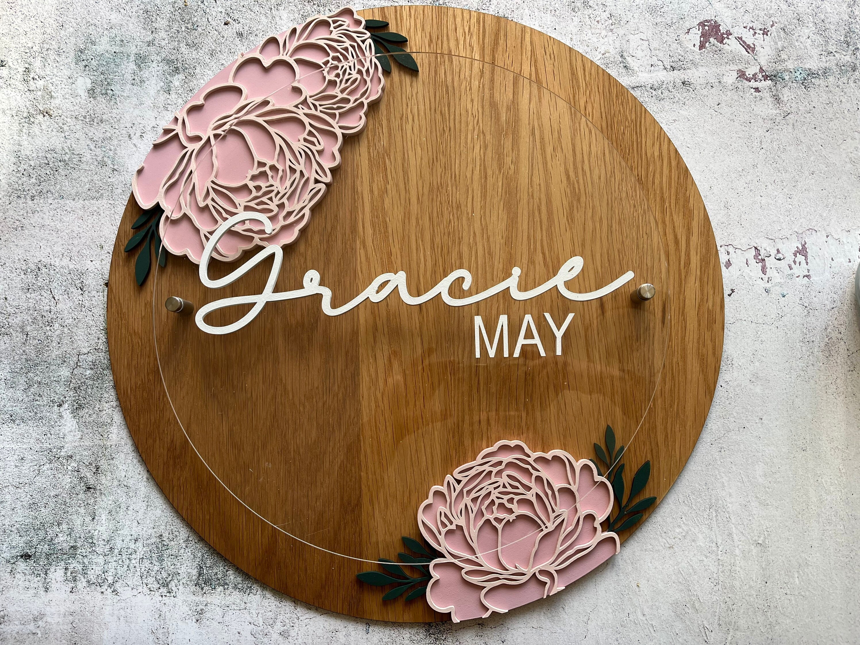 Bedroom Nursery Wall Mount Name Plaque Stand-off Acrylic Oak Veneer ...