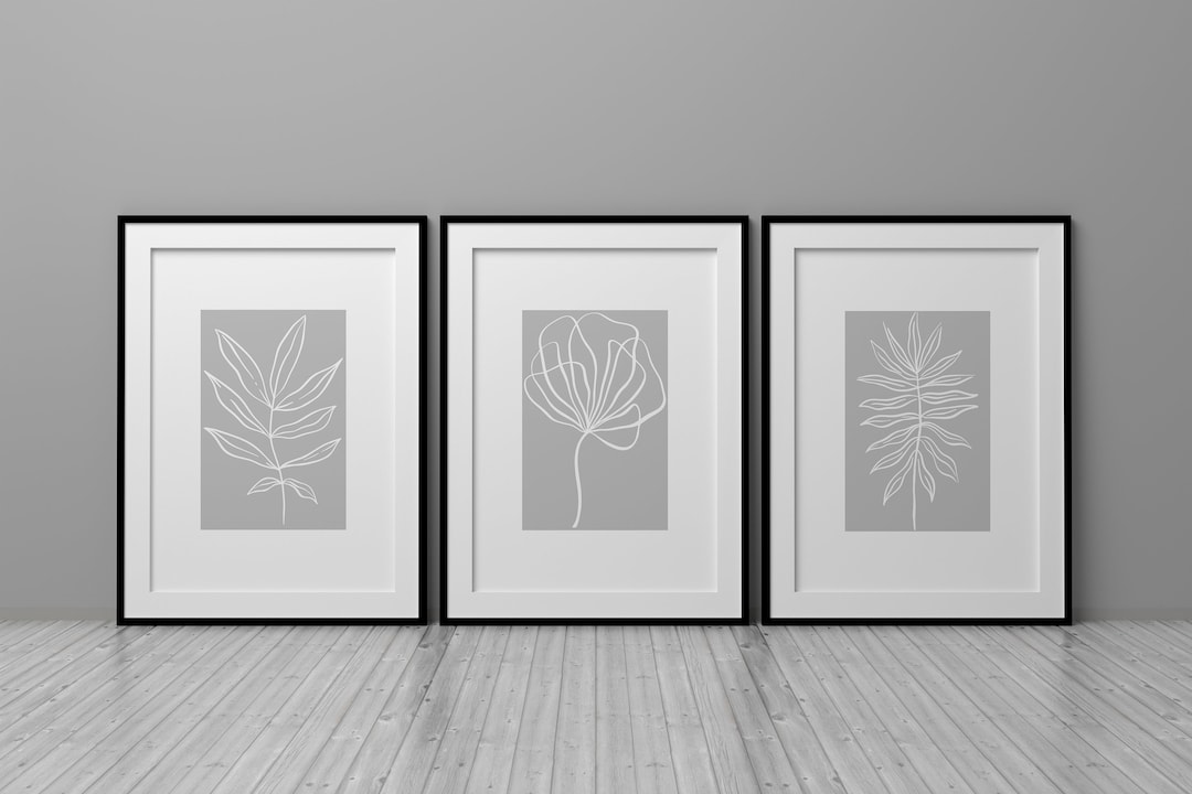 Grey Wall Art Prints, Set of 3 Posters, Botanical Lounge Decor, Plant ...