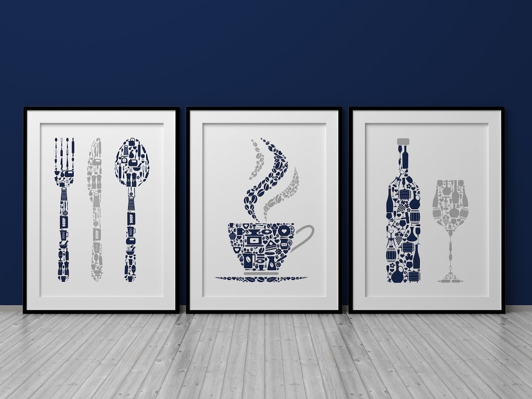 Kitchen Wall Art Prints, Navy Blue & Grey Kitchen Prints, Set of 3 ...