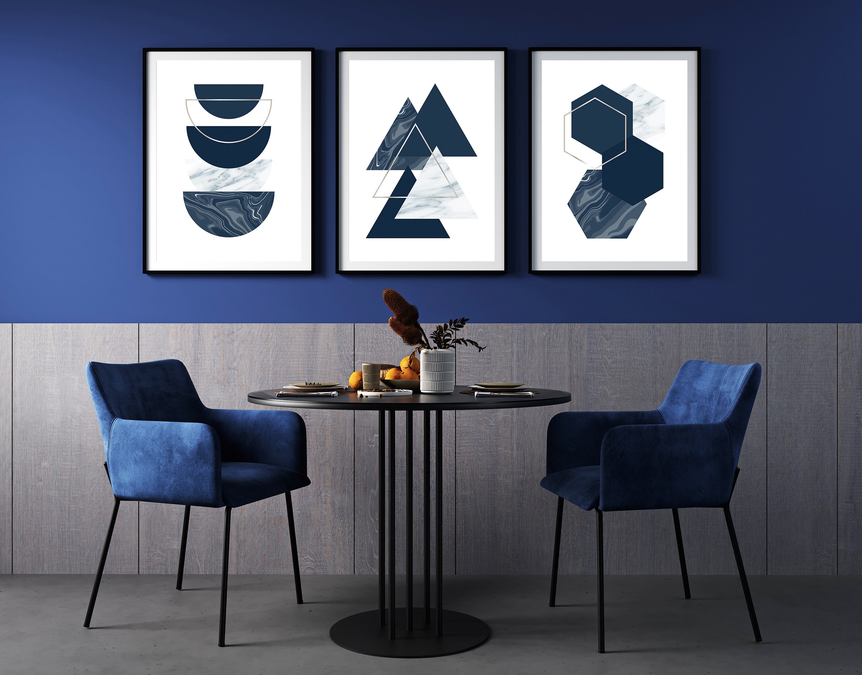 Blue Geometric Wall Art Prints Set of 3 Prints Navy Blue | Etsy