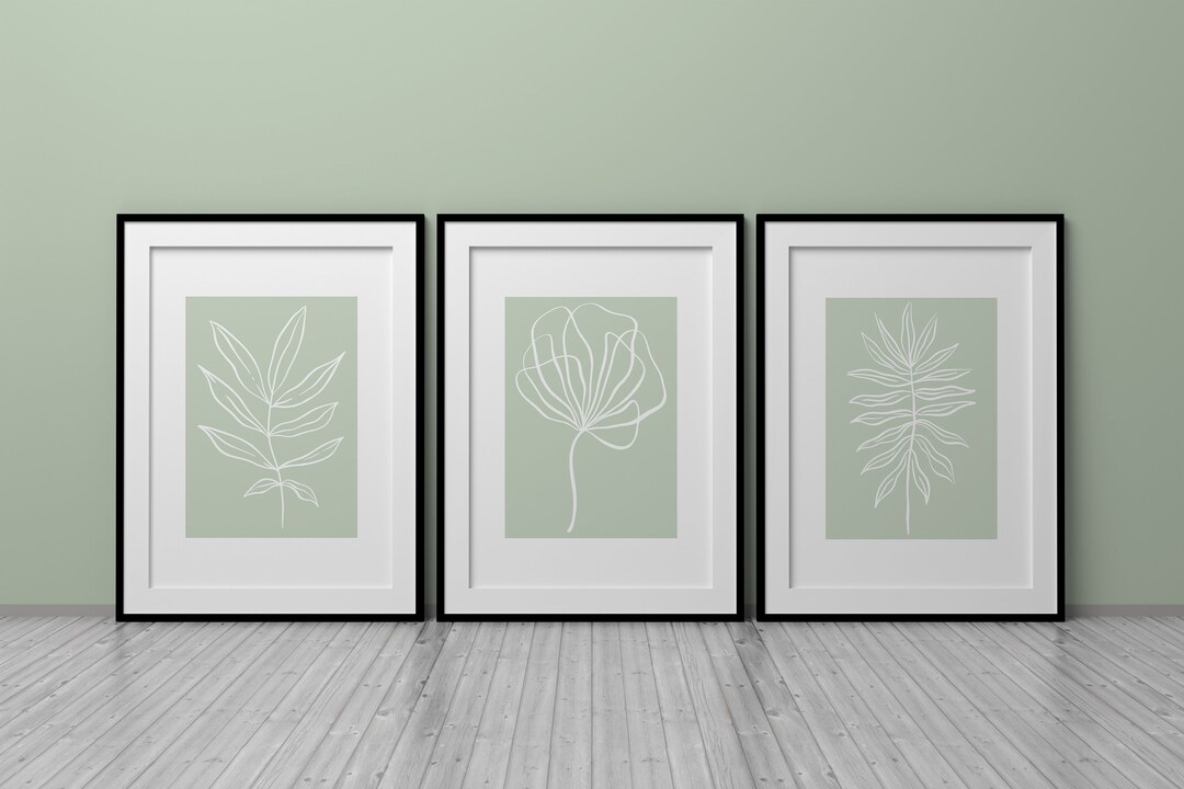 Sage Green Prints, Set of 3 Wall Art Prints, Botanical Lounge Decor, Plant Line Art Prints, Sage ...