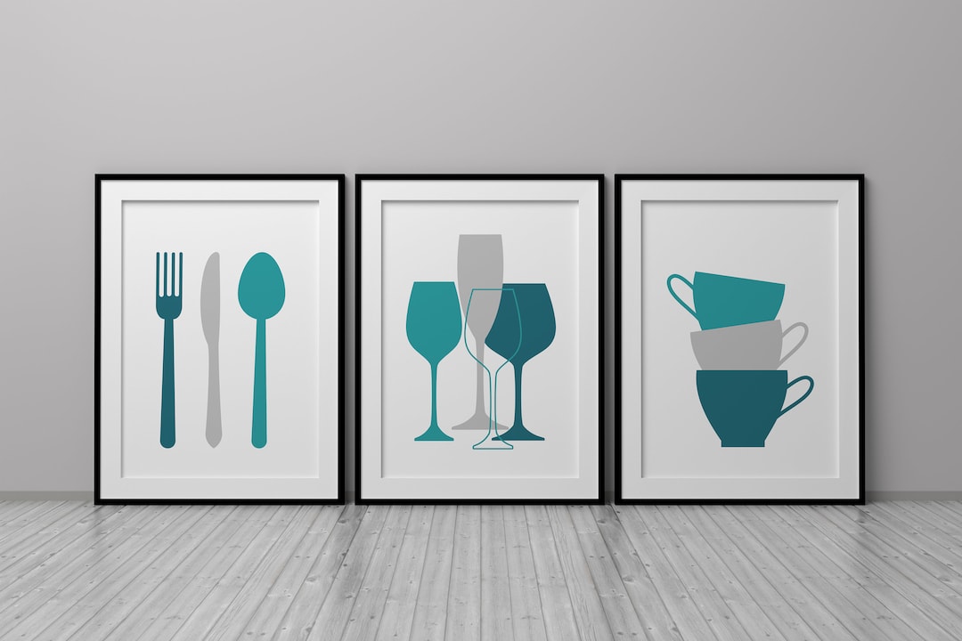 Kitchen Wall Art Prints, Set of 3 Prints, Teal & Grey Kitchen Decor ...