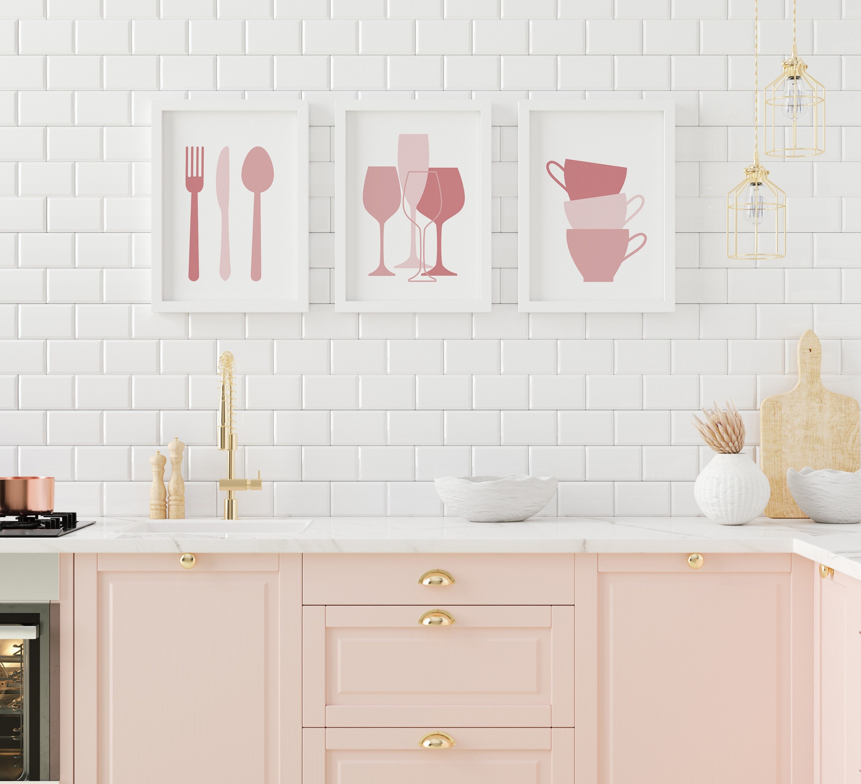 Pink Kitchen Prints, Set of 3 Posters, Pink Kitchen Decor, Pink Dining ...
