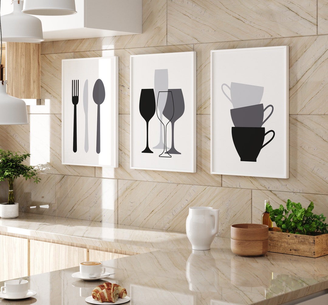Modern Kitchen Wall Art Prints, Set of 3 Posters, Black & Grey Kitchen Decor, Dining Room ...