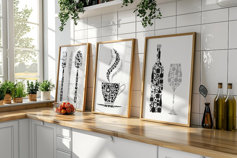 Kitchen Wall Art Prints, Grey & Black Kitchen Decor, Set of 3 Posters ...