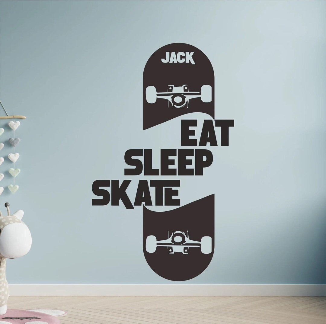 PERSONALISED SKATEBOARD Kids Name Wall Bedroom Skating Skater Sticker ...