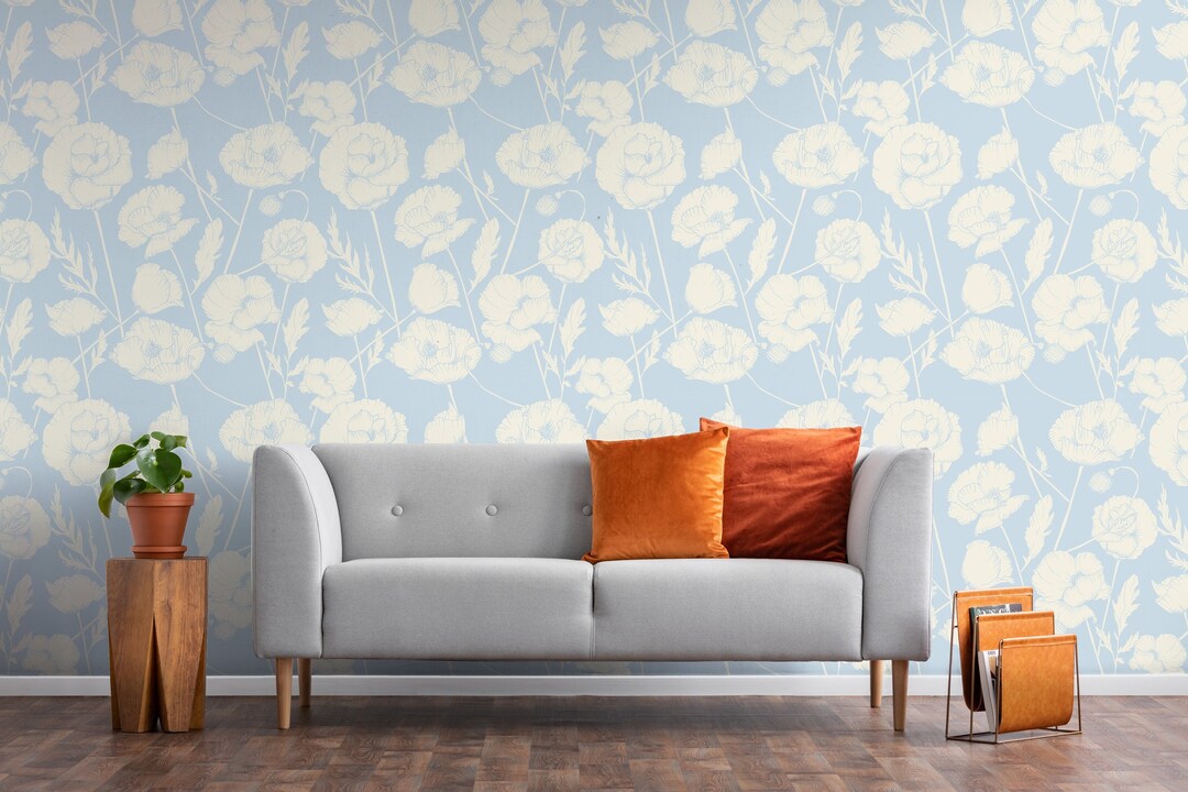 Blue Poppy Wallpaper - Large Floral Pattern - Peel and Stick Removable ...