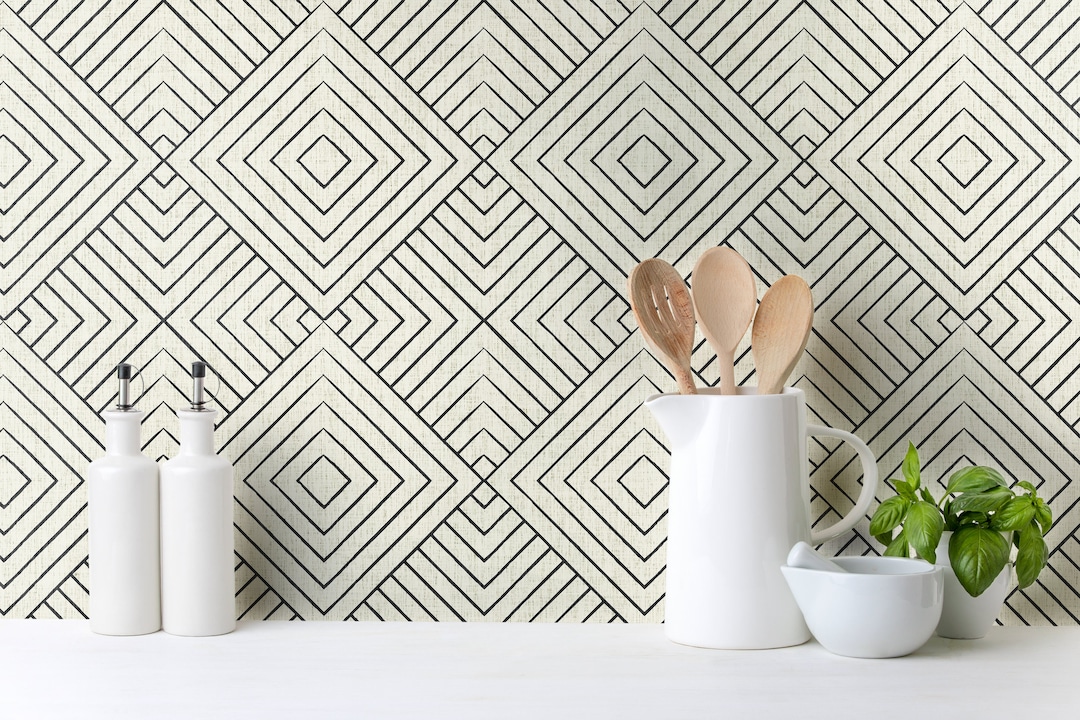 Cream Line Art Wallpaper - Boho Modern Wallpaper - Black Cream Texture ...