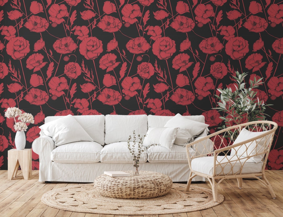 Peel and Stick Removable Wallpaper - Red Poppy Wallpaper - Large Floral ...