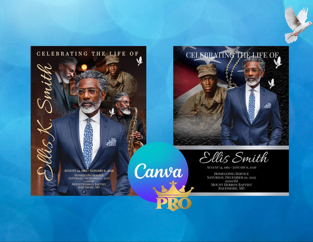 Men's Funeral Program Templates | Black & Gold Obituary (canva Editable ...