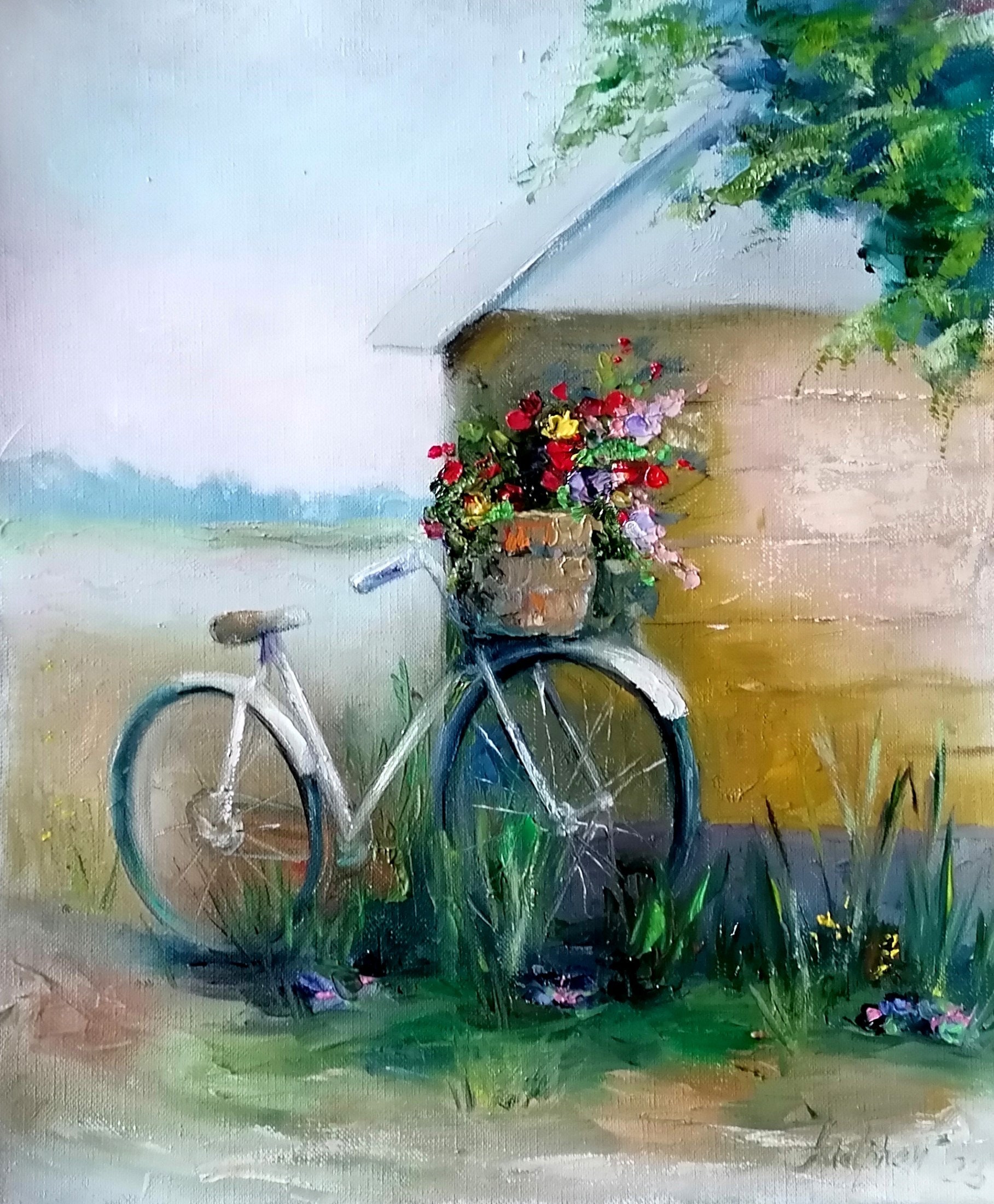 Bicycle With Flowers Original Oil Painting, Holidays Feeling Painting ...