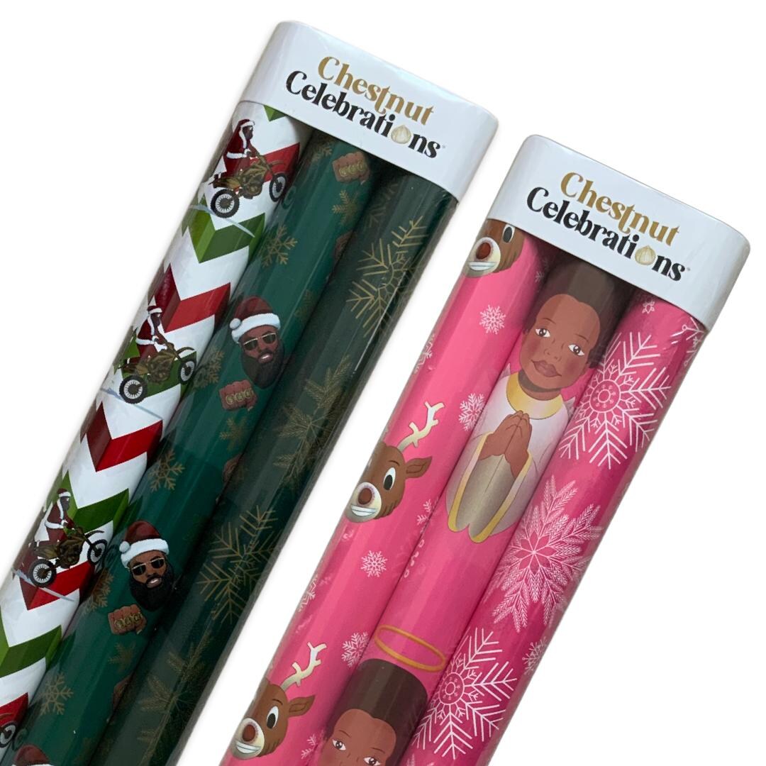 Chestnut Celebrations Black Santa Green & Pink Christmas Wrapping Paper ...