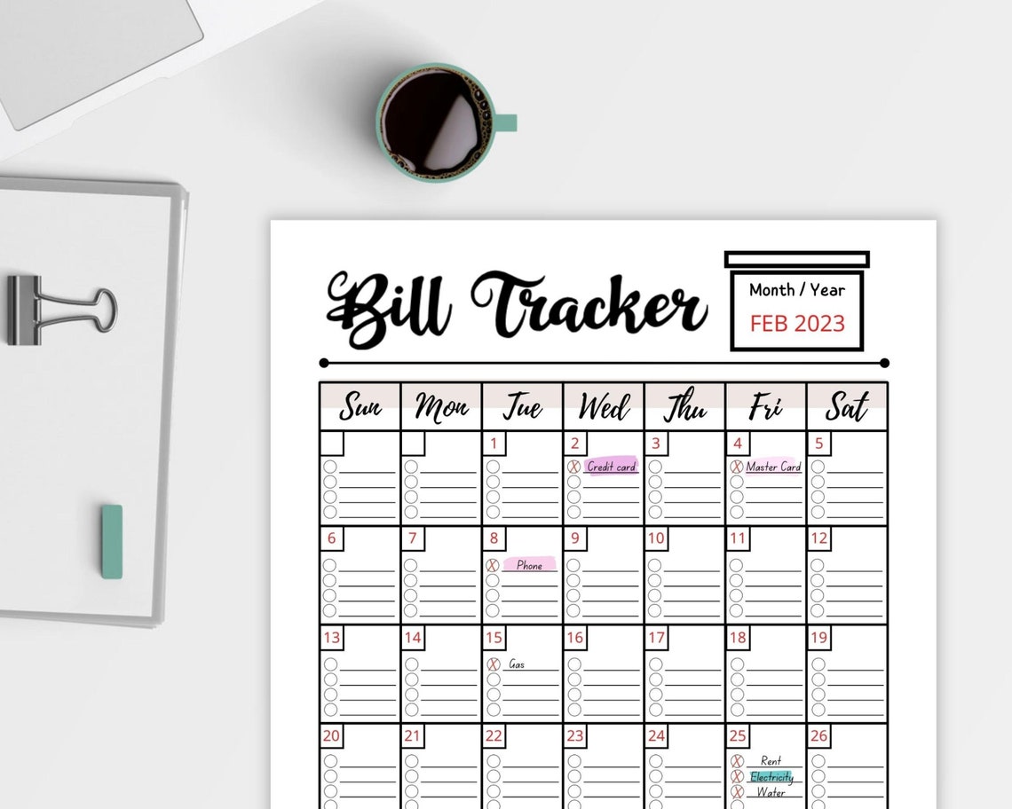 Printable Bill Tracker, Calendar Monthly Bills, Monthly Bill Log, Bill ...