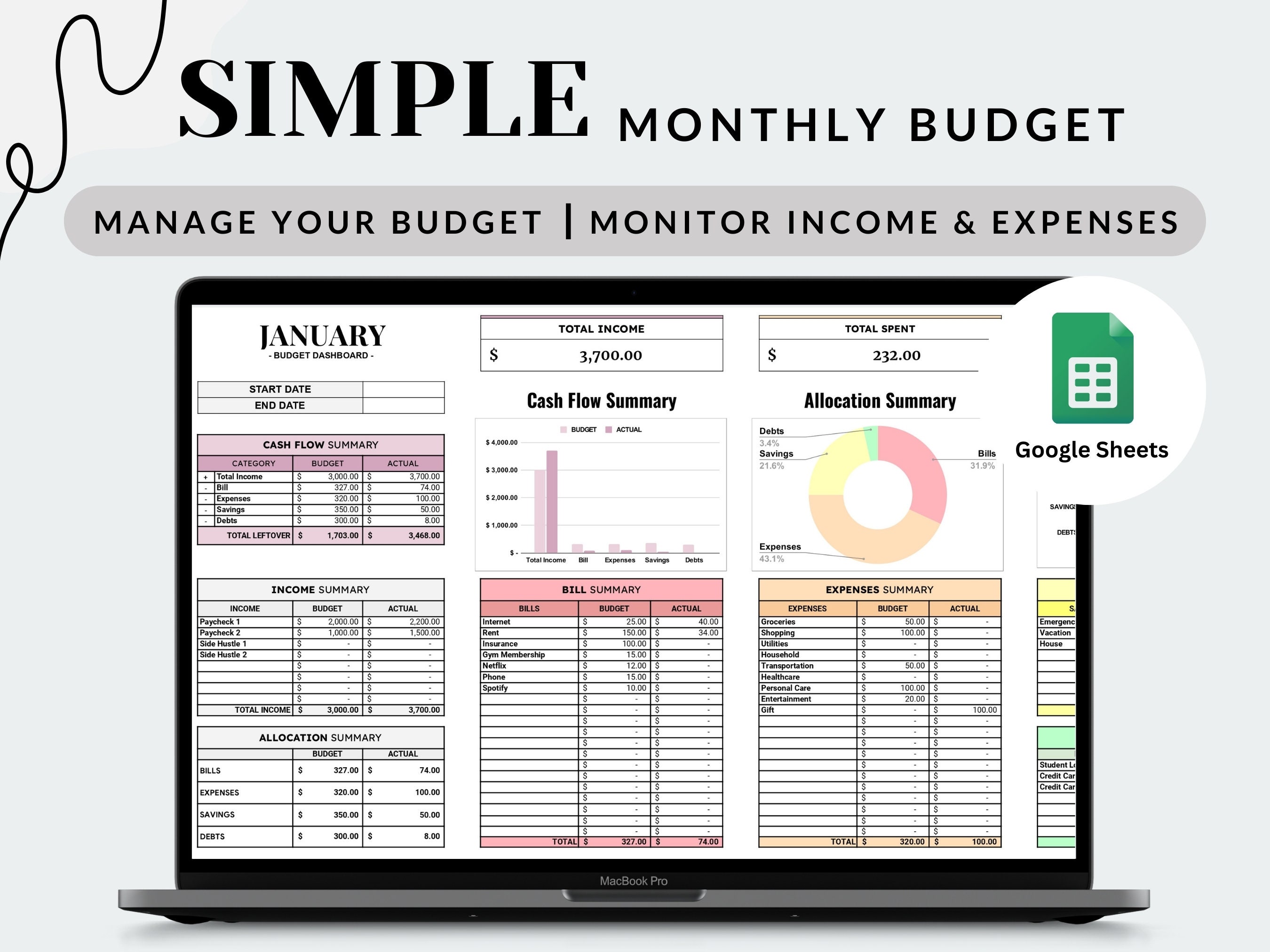 Simple Budget Planner for Beginner Monthly Spreadsheet Bi Weekly ...