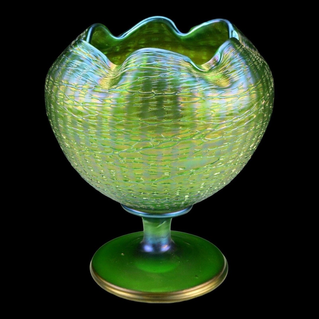 Loetz Threaded Green Iridescent Art Glass Pedestal Rose Bowl Vase - Etsy