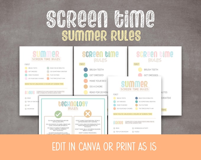 Summer Screen Time Rules Printable | Children Summer Routine | Kids ...