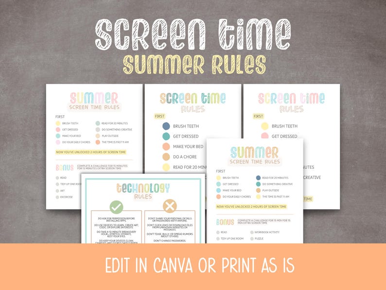 Screen Time Summer Rules, Checklist Printable, Screentime Tracker ...