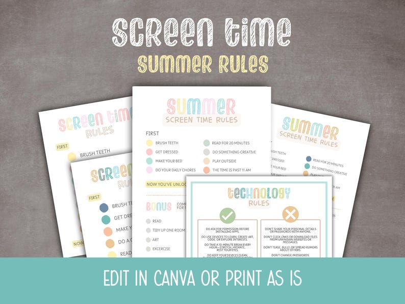 Screen Time Summer Rules, Checklist Printable, Screentime Tracker ...