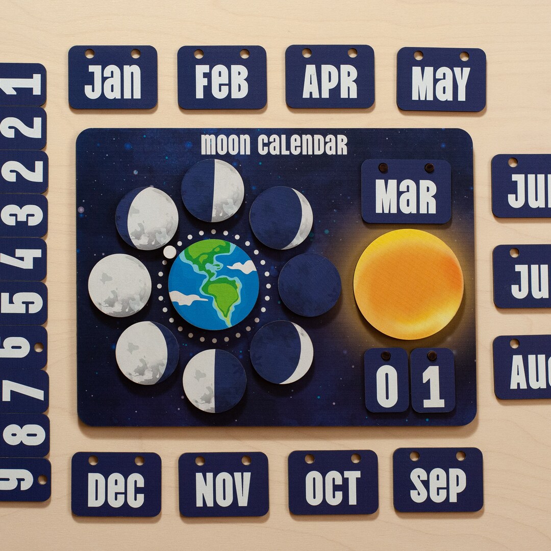 Kids Lunar Calendar Moon Phases Calendar Wooden Montessori Magnetic ...