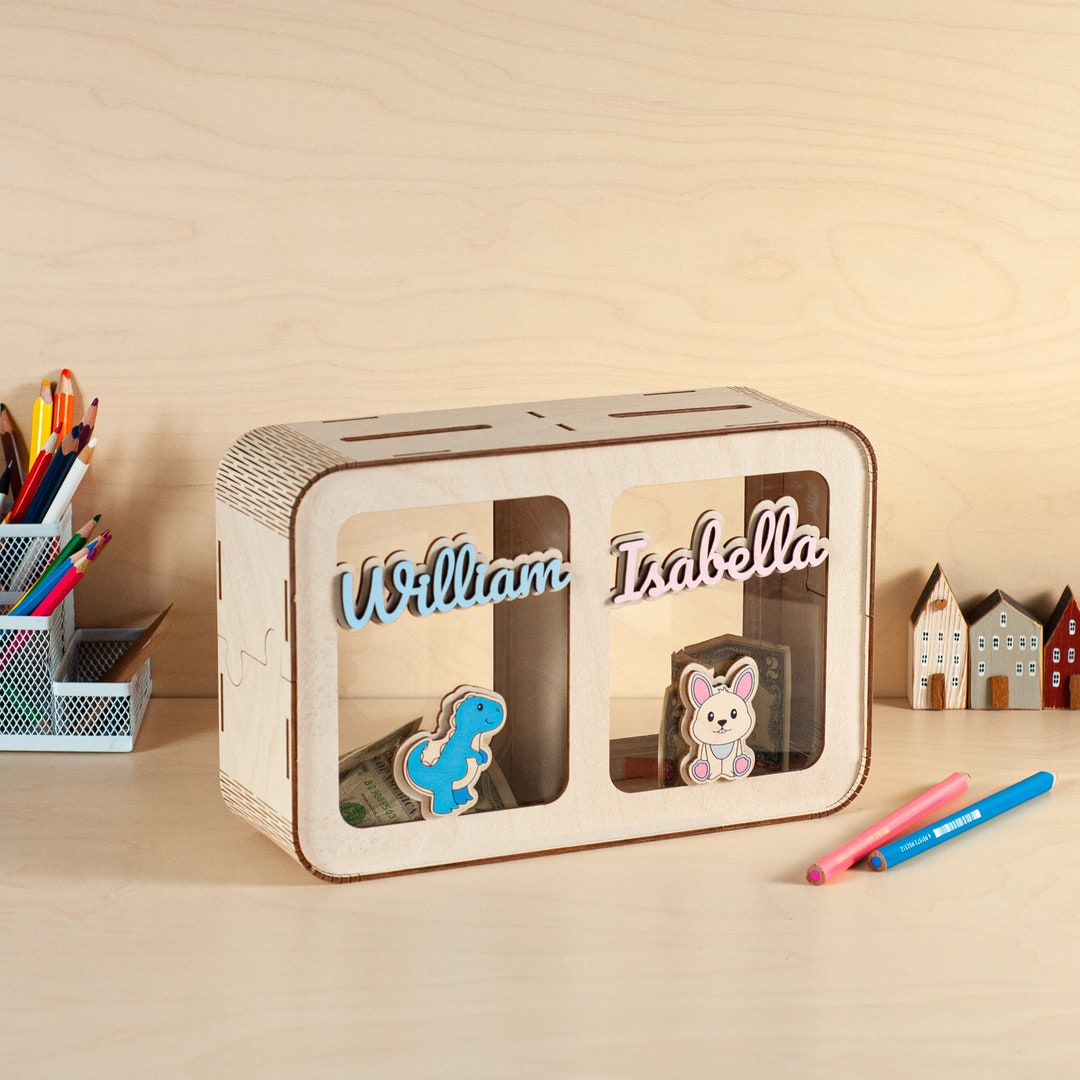 Double Piggy Bank for Kids, Wooden Coin Bank, Christening Gifts ...