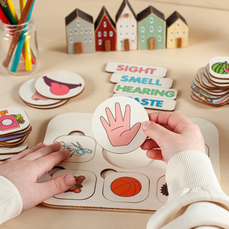 Montessori Five Senses Matching Games With Cards, Educational Wooden ...