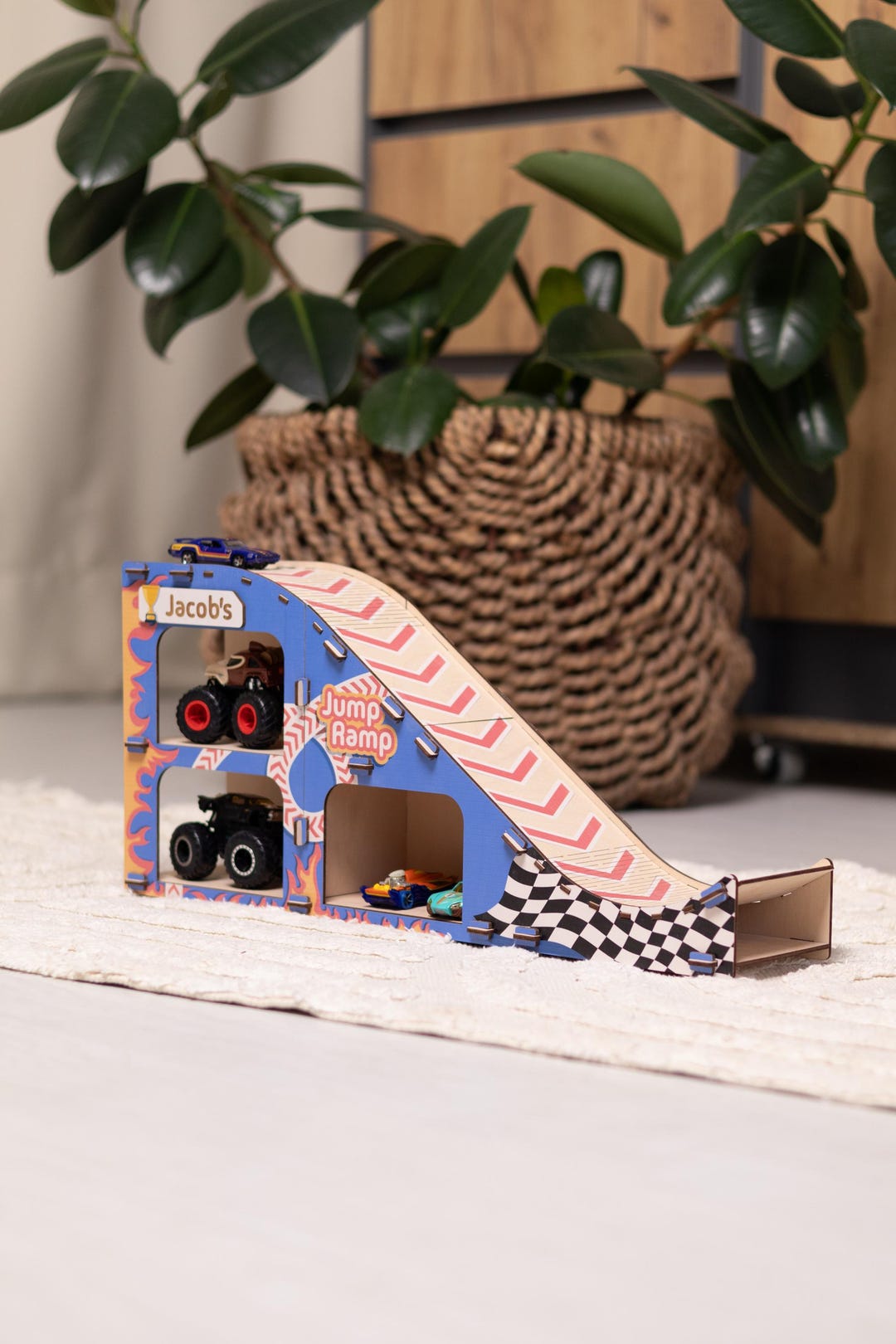Wooden Car Ramp Jump Ramp, 2-level Racing Track With Flame Design, Toy ...