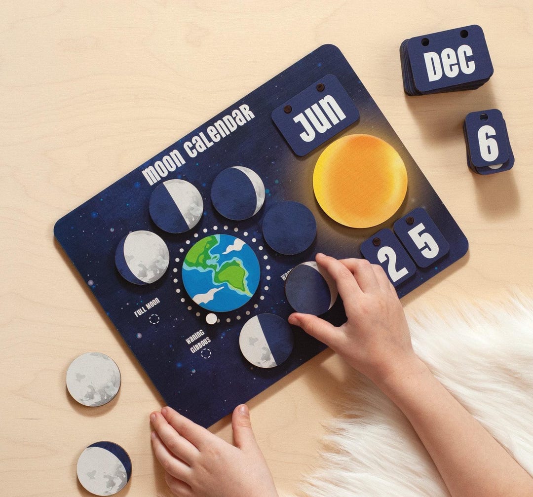 Magnetic Moon Phases Calendar for Kids, Lunar Wooden Calendar, Learning ...